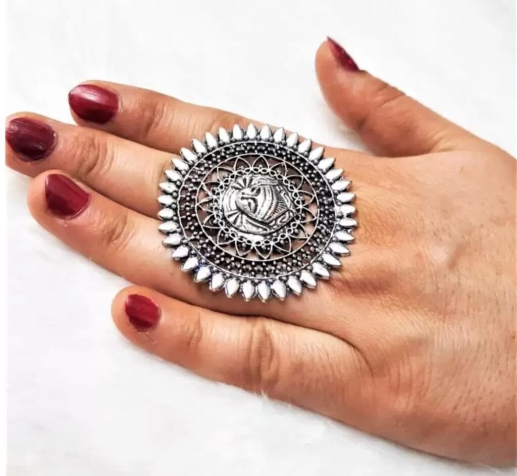 Oxidised Silver Goddess Shaped Adjustable Finger Ring - Givame